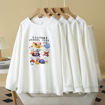 大码女装2024秋冬美式宽松长袖白色t恤女德绒开叉印花打底衫
