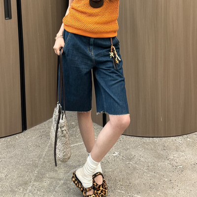 SOI SR简约直筒牛仔五分裤女裤脚未锁边毛边中裤4133