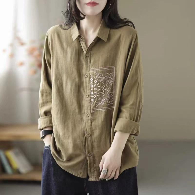 大码棉麻宽松衬衫女2026文艺长袖百搭新款翻领上衣复古刺绣衬衣女