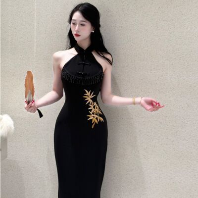 LHMknk1画报夫人原创自制新中式刺绣旗袍弹力西装连衣裙挖肩金竹