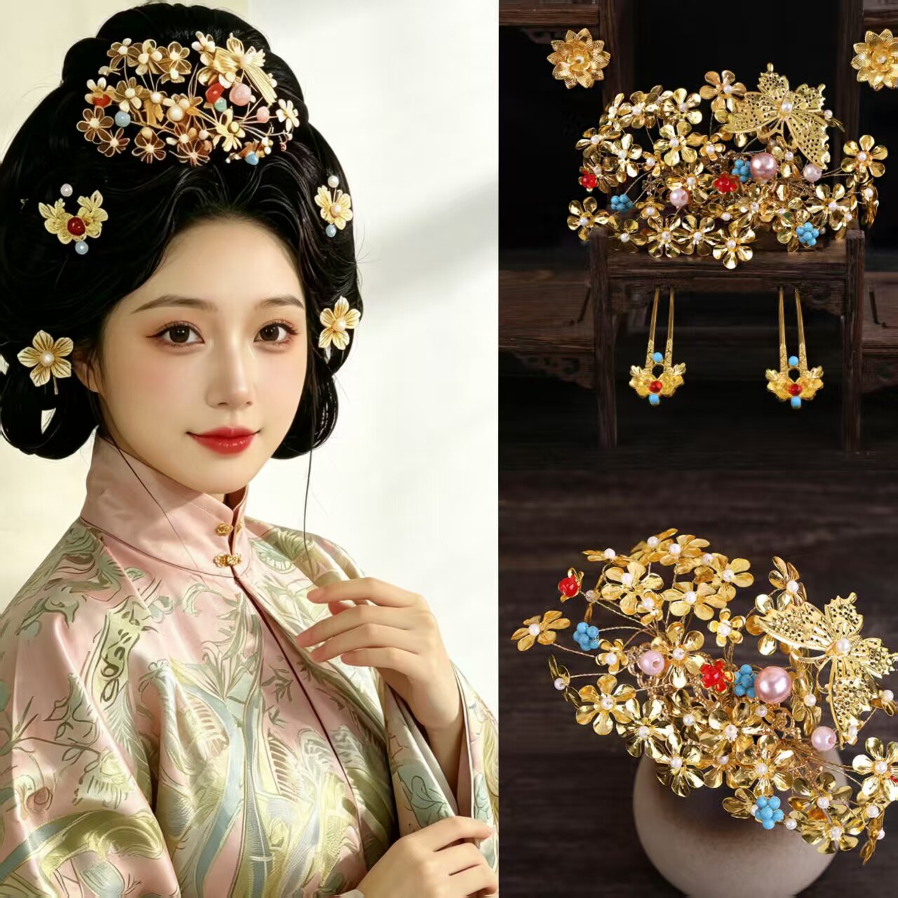 古风新娘秀禾发冠金属花朵珍珠中式婚礼婚嫁头饰凤冠明制婚服配饰