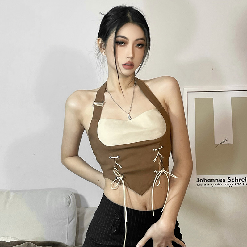 #Sisjuly#复古中世纪修身设计感吊带背心女 小众心机绑带短款上衣