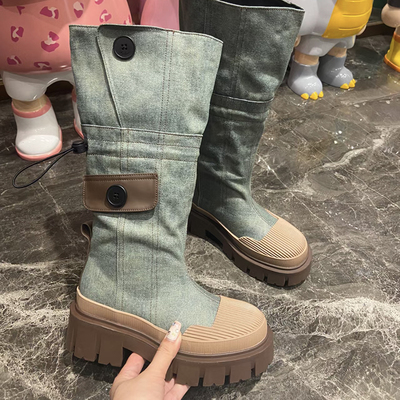 水洗牛仔布厚底贝壳头抽绳骑士靴