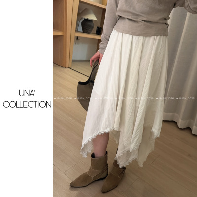 【吉满】欧版小众设计不规则蕾丝下摆松紧腰半身裙JM3077