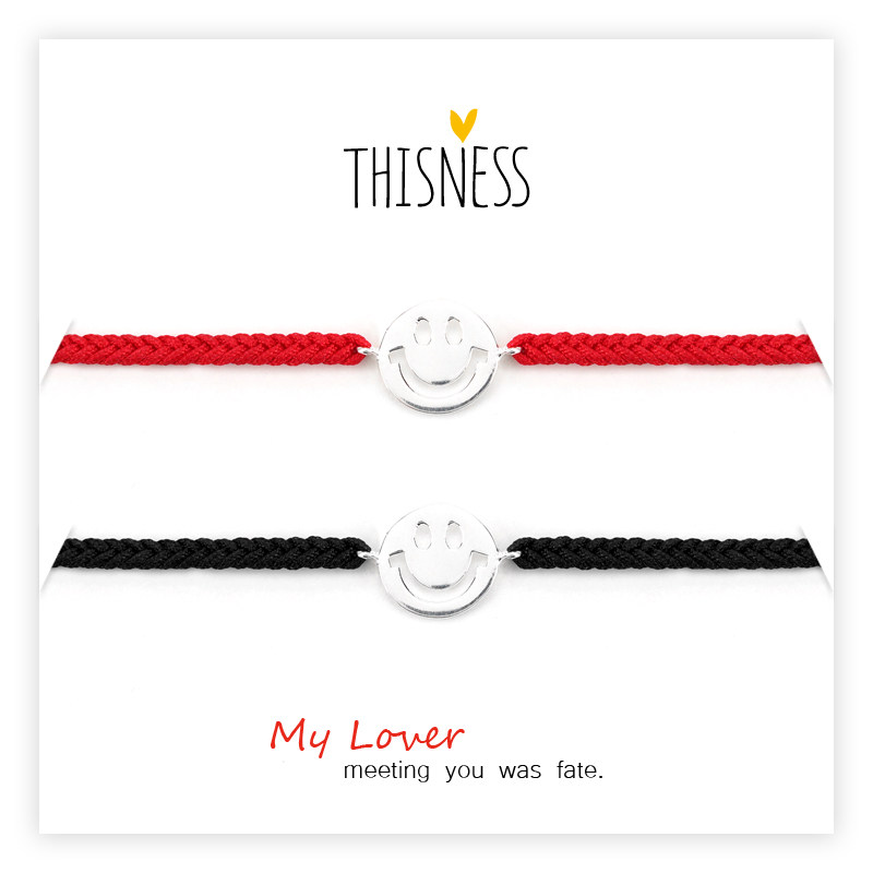 THISNESS情侣专辑纯银笑脸红绳黑绳编织手链2件装_虎窝淘