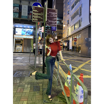 With 99jiu【进阶超模裤】重工烧花闪钻微喇牛仔裤女修身喇叭裤