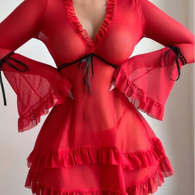 Sexy lingerie lace long sleeved nightgown女内衣蕾丝长袖睡裙
