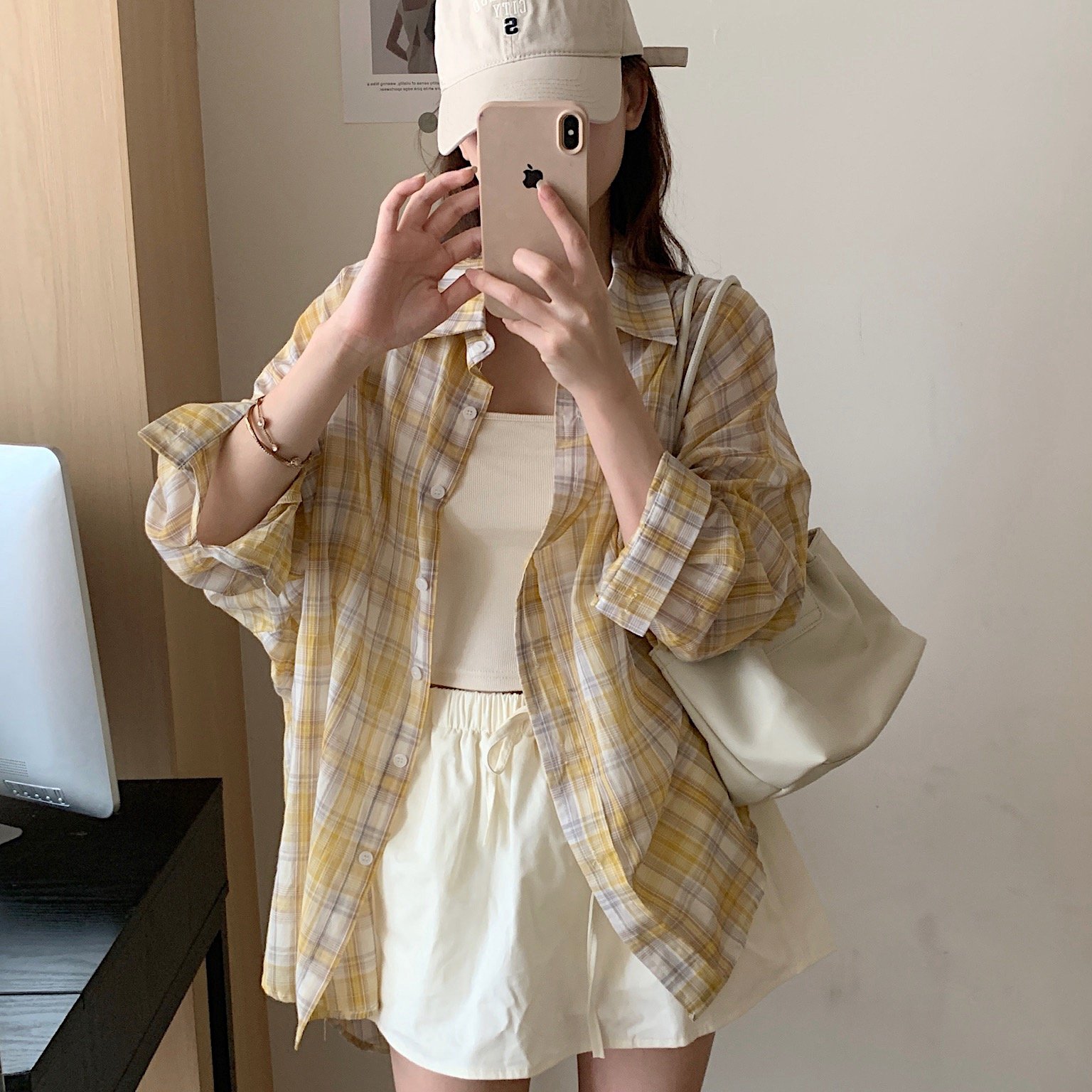 实拍夏上新简约复古日常舒适慵懒格子薄款衬衫休闲百搭上衣
