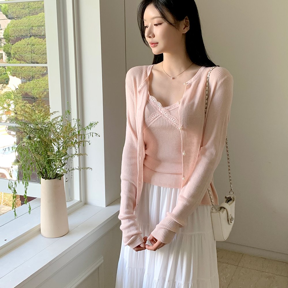 韩国chic 秋季法式温柔清新淑女百搭V领吊带针织开衫毛衣两件套