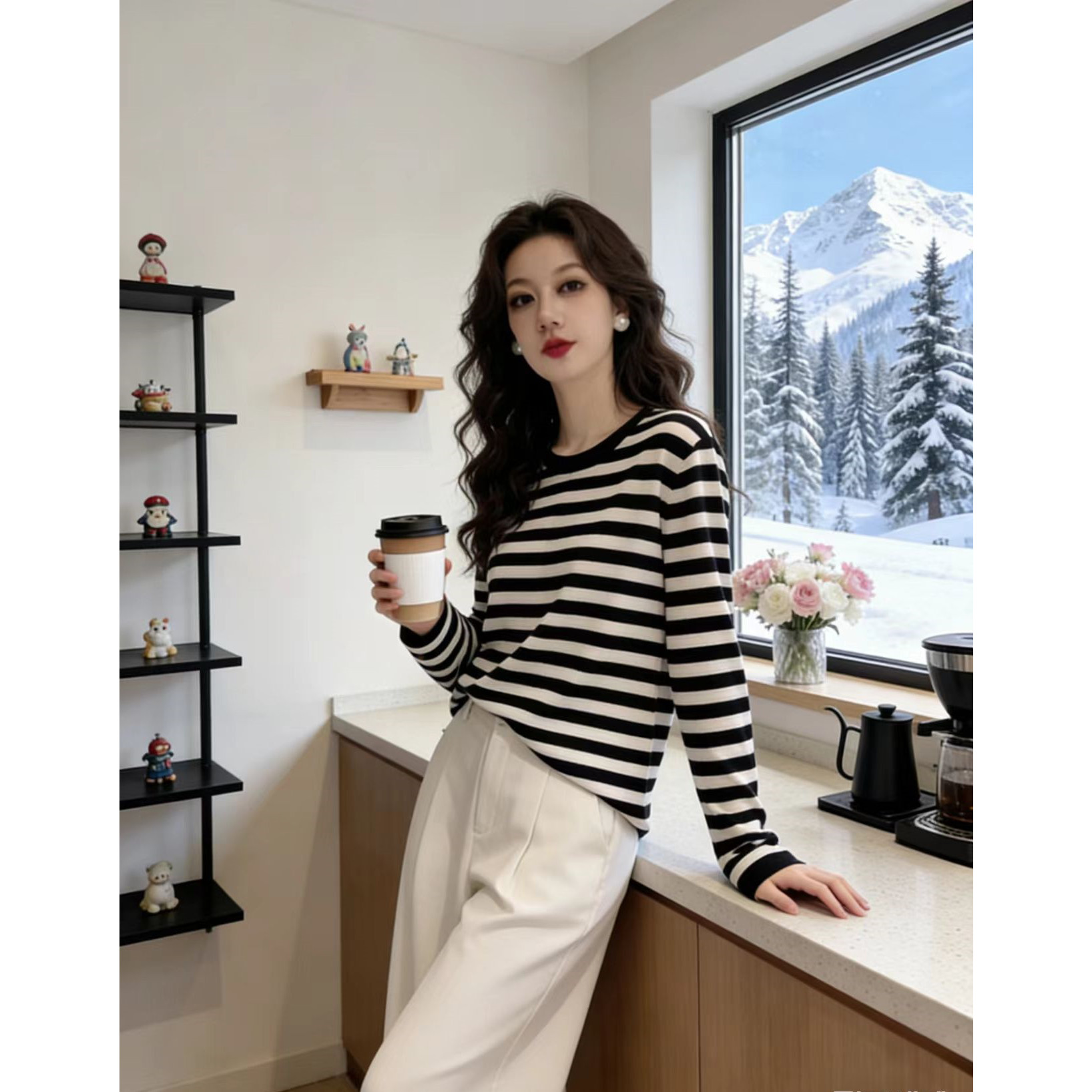 韩版新款宽松慵懒圆领条纹长袖上衣套头汕德卡雾灯资料柜女毛衣冬