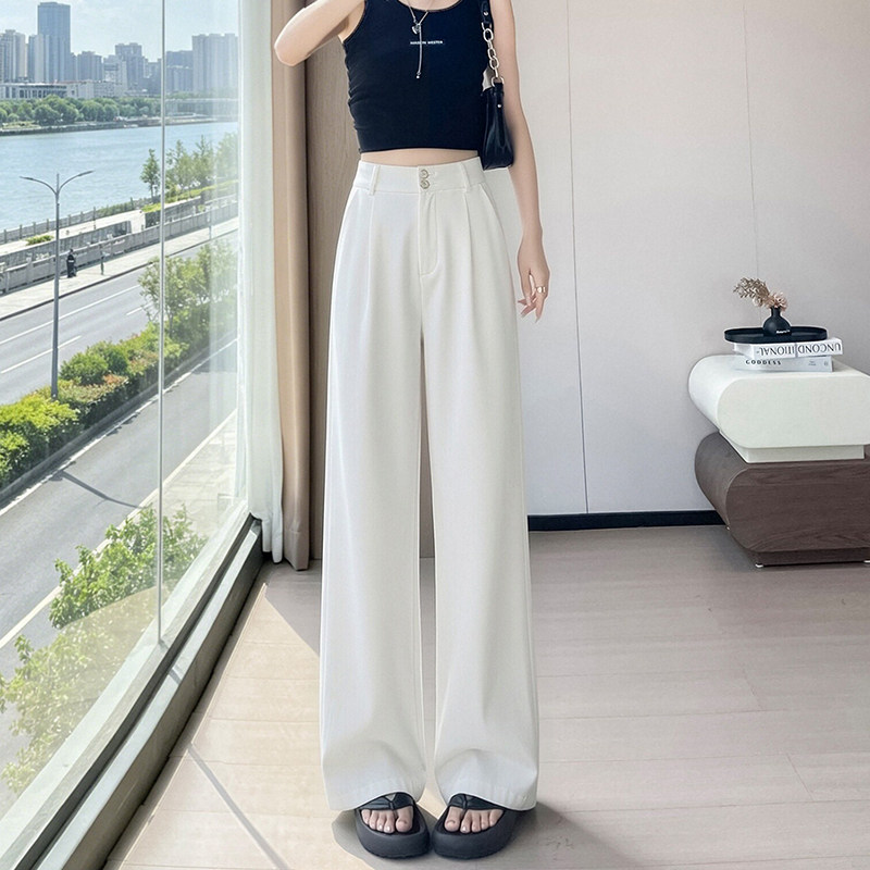 亚麻阔腿女夏季薄款高腰宽松直筒休闲西装裤人字纹冰丝拖地长裤