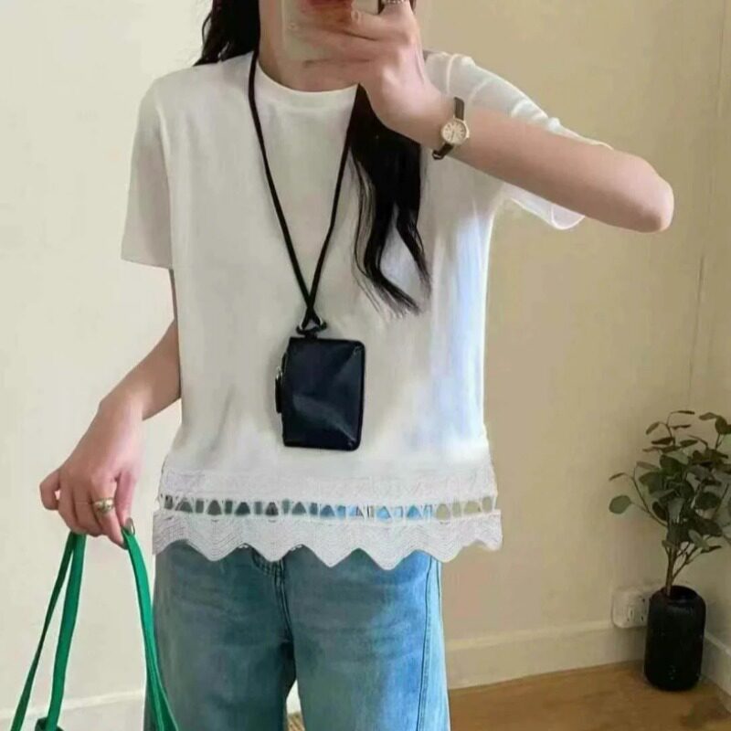 夏装新款大码女装镂空花边拼接T恤上衣其他纯色休闲风短袖潮牌