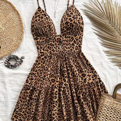 Backless deep V leopard print slip dress  露背深V豹纹吊带裙