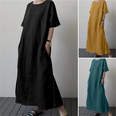 Cotton and linen loose solid color slit dress 棉麻开叉连衣裙