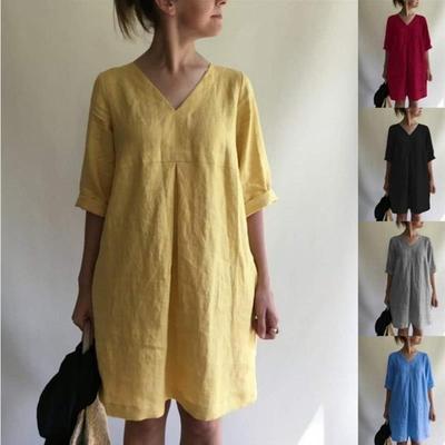 Casual V-neck solid cotton and linen dress V领纯色棉麻连衣裙