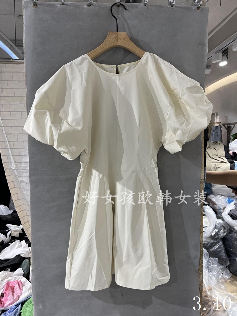 欧洲站2023春季新款 PH23百搭圆领净版泡泡袖显瘦连衣裙600020_虎窝淘