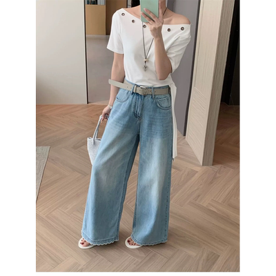 2026春夏浅色花边软牛仔裤女小个子宽松遮跨显瘦阔腿百搭时尚长裤