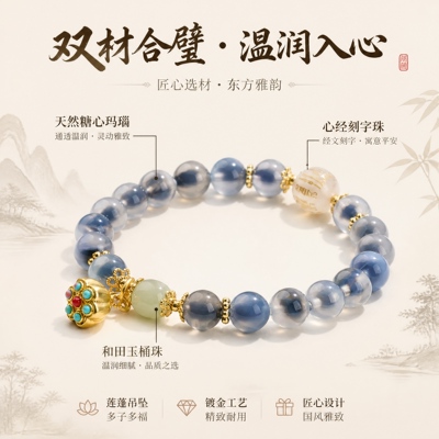五行天然蓝糖心玛瑙手链女款