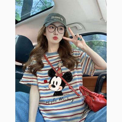 红蓝条纹卡通可爱纯棉短袖t恤女夏季2026新款慵懒高级感潮牌上衣