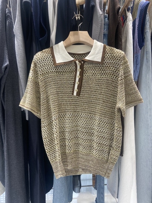 USSHEEN 老钱风撞色亚麻镂空针织polo衫女 美式复古翻领短袖上衣