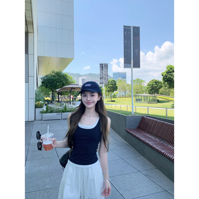 YUYUREAL blokette女孩 撞色假两件无袖上衣女夏季修身吊带背心