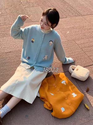 刺绣提花彩色设计圆领针织开衫2025年秋冬韩版减龄学院风上衣女潮