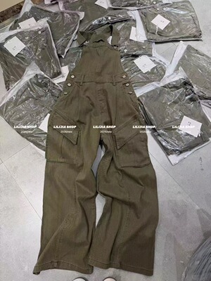 2026新款韩版时尚百搭显瘦高腰工装军绿色牛仔背带裤女