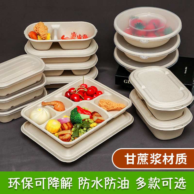 一次性环保餐盒可降解纸浆饭盒加厚多格分格三格四格五格外卖打包