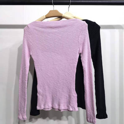 韩国女一字领露肩螺纹长袖打底衫