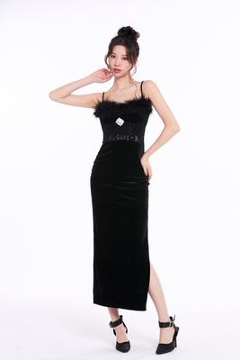 丝绒方钻连衣裙吊带裙修身显瘦