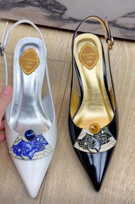 A.B.Poetique新中式珐琅青花瓷高跟鞋细跟中跟尖头凉鞋女时装女鞋