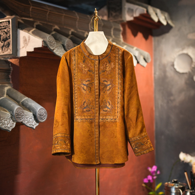 蓝大桑蚕丝2026春琥珀色刺绣上衣