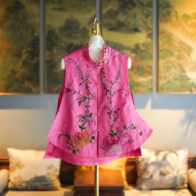 蓝大单排扣新中式立领玫红色马甲