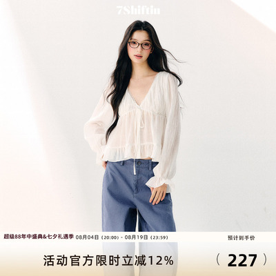 7Shiftin 原创设计绑带V领雪纺衫双层荷叶边显瘦长袖纯欲宽松上衣