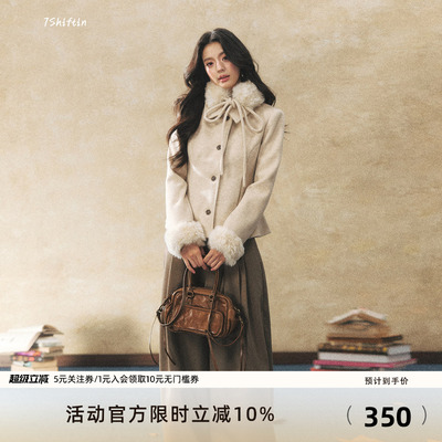 7Shiftin 原创设计可拆卸毛毛领燕麦色围巾毛呢外套冬季短款外衣