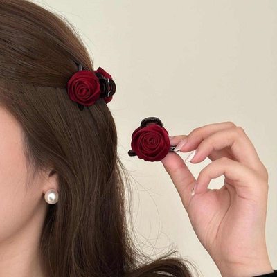安可拉红玫瑰抓夹公主头小发夹前额侧边刘海夹高级感花朵迷你夹子