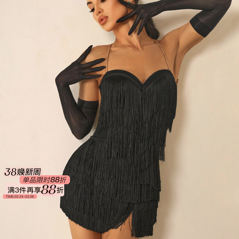 ZYM【克拉海】连衣裙露背加密流苏拉丁舞练功服女带内衣裤25020