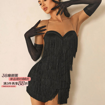 ZYM【克拉海】连衣裙露背加密流苏拉丁舞练功服女带内衣裤25020