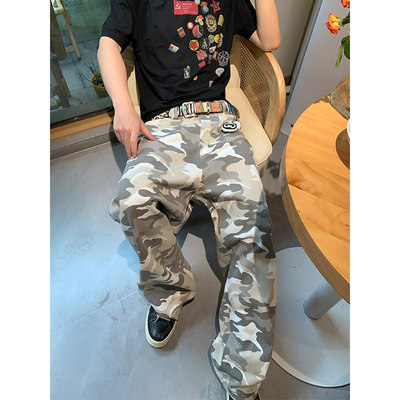 灰白色沙漠迷彩工装牛仔裤阔腿裤