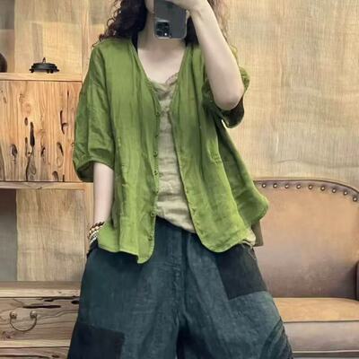 FF 6935 夏季新品亚麻炒色休闲百搭文艺女士开衫上衣 胸围128长58