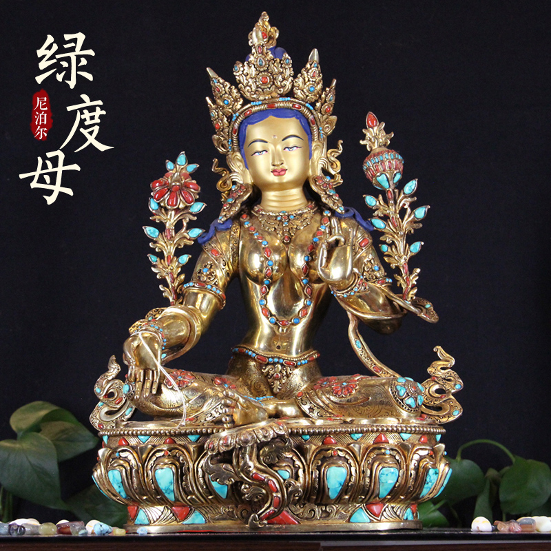 藏传密宗供奉绿度母佛像尼泊尔释迦族纯铜鎏金西藏客厅摆件40cm_虎窝淘