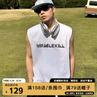 MIRACLEKILL字母龙狮图腾印花宽松休闲潮牌圆领宽版无袖T恤男女