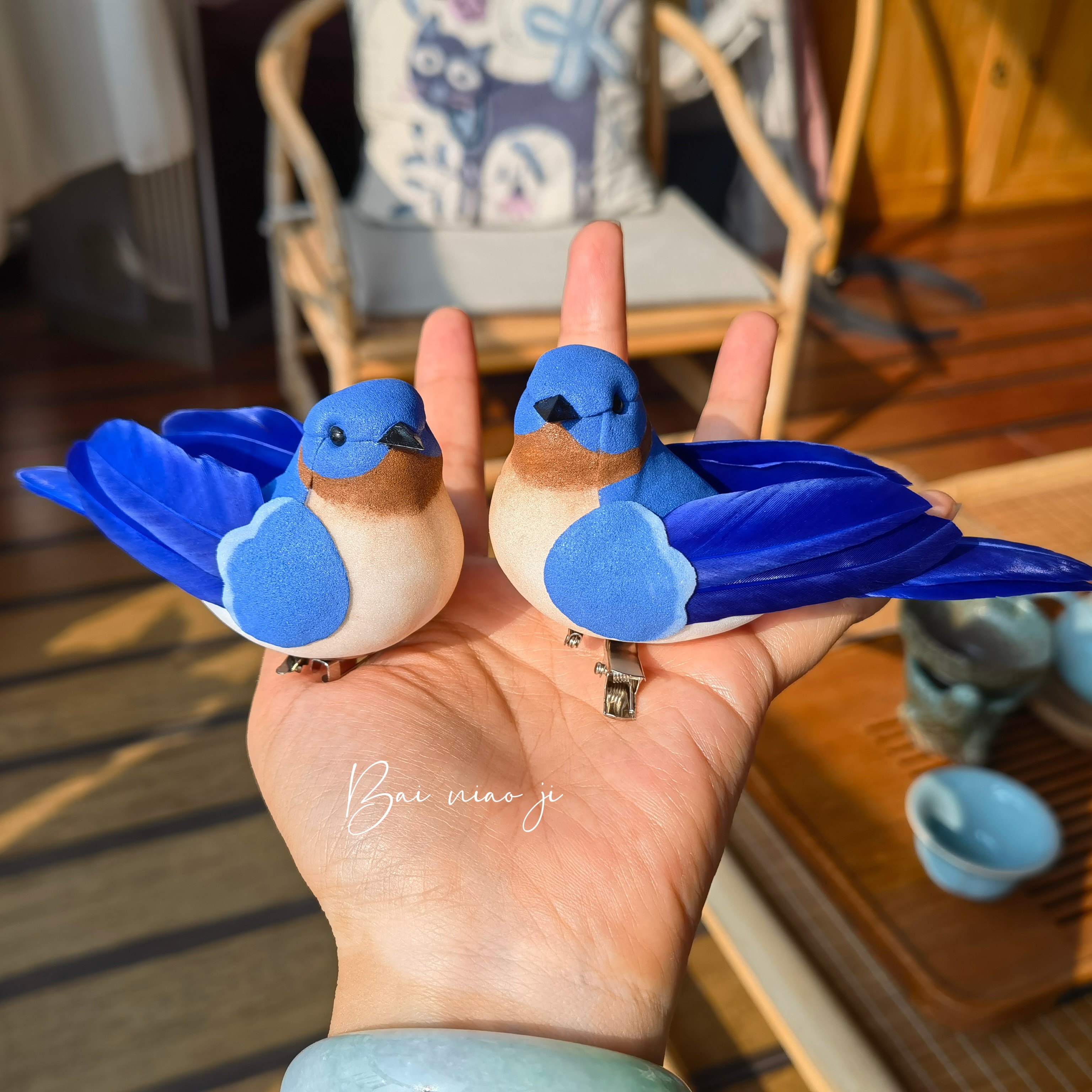 百鸟集蓝胖子知更鸟 手工仿真羽毛小鸟发夹创意头饰胸针装饰品