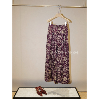 Moss烨〓设计师〓紫红立体花卉提花 舒适显瘦人丝阔腿裤