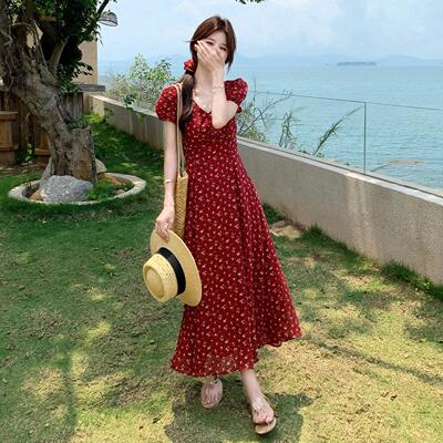 法式复古红色茶碎女花连裙夏季2B209-26气质领绝美衣掐腰显瘦歇长