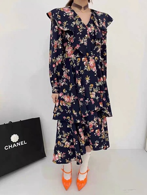 现货韩国进口2023秋冬新款tara by motion时尚唯美印花长袖连衣裙