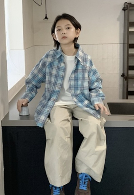 专柜正品 2026春秋新款男童韩版休闲格子衬衫外套12071