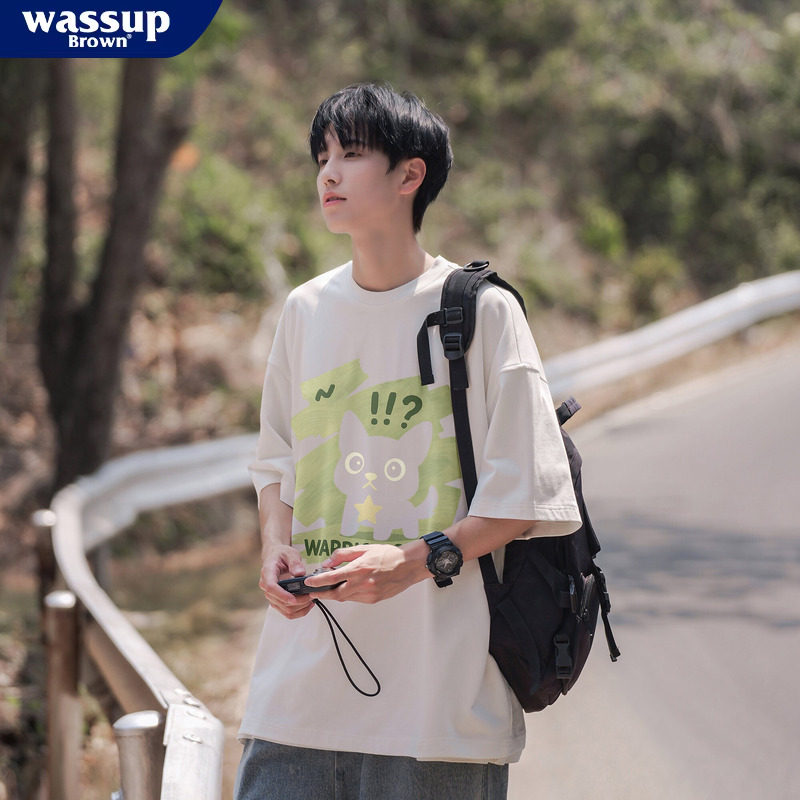 WASSUP BROWN纯棉猫咪印花短袖T恤男2026新款夏季宽松潮牌五分袖