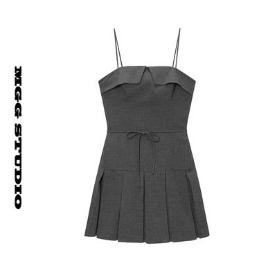 欧美风条纹吊带显瘦百褶连衣裙