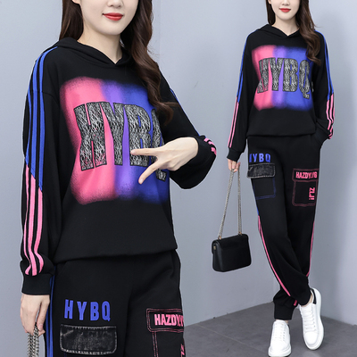 实拍 新款时尚套装女 宽松连帽卫衣拼接牛仔印花两件套大码女装